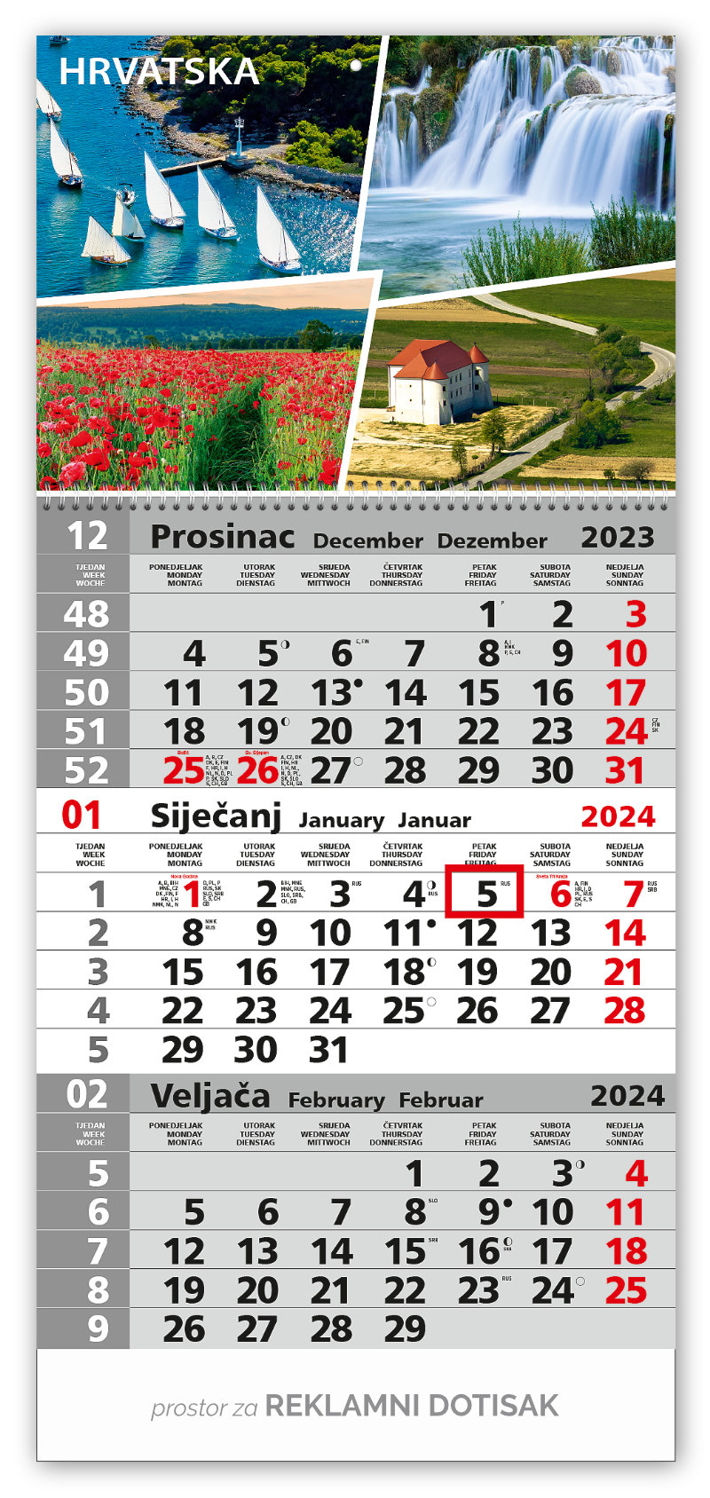 Trodijelni kalendar sa slikom u zaglavlju "Hrvatska" - kalendar